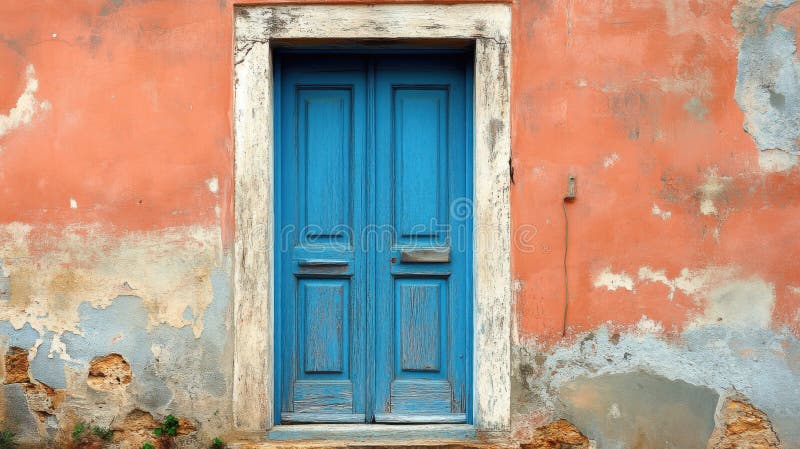 A Weathered Blue Door in a Worn Orange Wall. AI Generated Stock ...