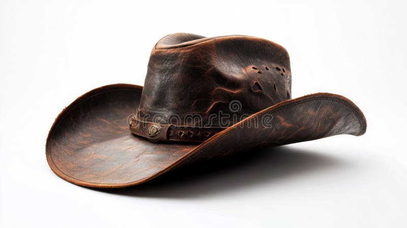 Distressed Brown Leather Cowboy Hat on White Background Stock ...
