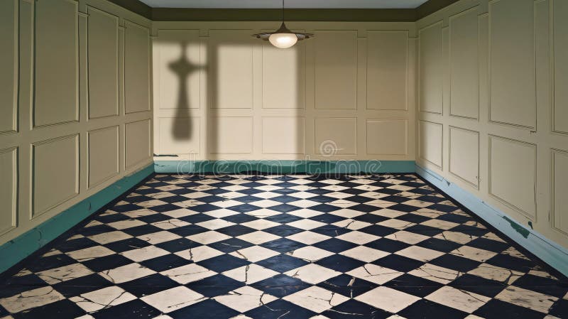 Distressed Checkerboard Floor in Empty Room with Good Resolution Stock ...