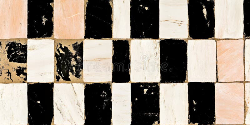 Distressed Checkerboard Tile Floor Pattern Black White and Peach Tones ...