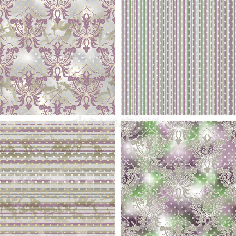 Distressed Damask and Stripe Patterns in Muted Pastels for Shabby Chic Textiles. Background Set ...