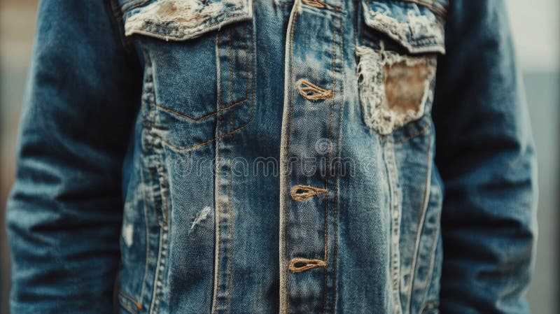 Distressed Denim Jacket Closeup Showing Texture and Detail Stock ...