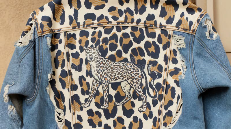 Distressed Denim Jacket with Leopard Print and Good Resolution Stock ...
