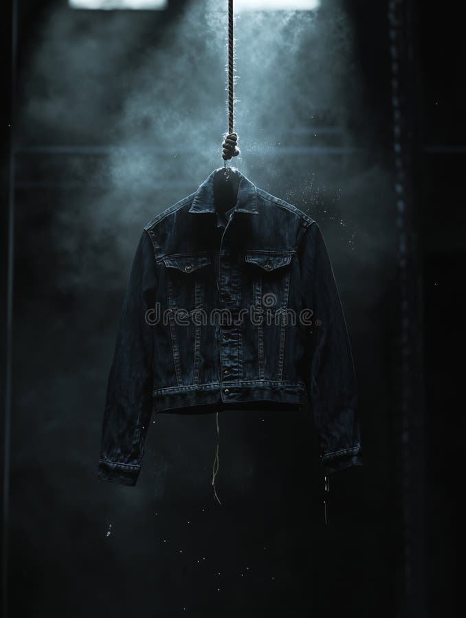 Distressed Denim Jacket Suspended from a Rope in a Dimly Lit ...