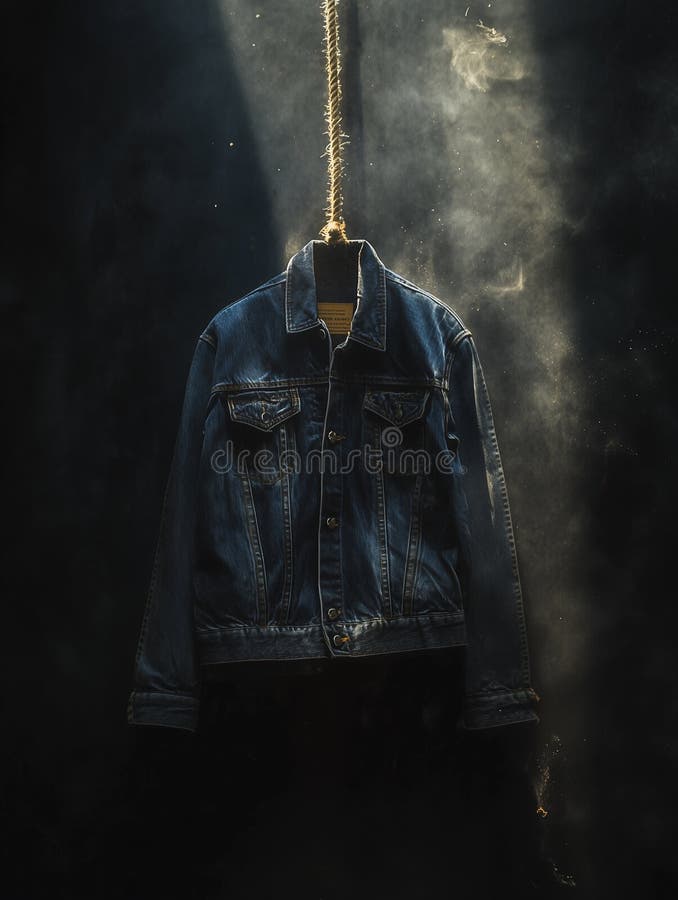 Distressed Denim Jacket Suspended from a Rope in Dramatic Lighting ...