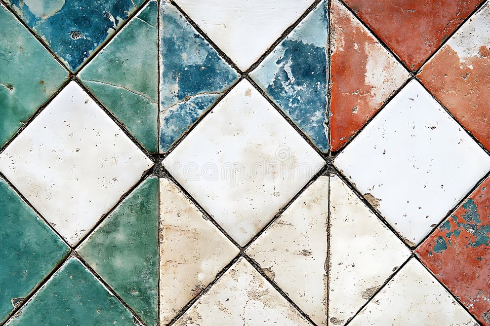 Distressed Diamond Tiles Green, Blue, Red, and White Aged Ceramic Tile Texture Stock ...