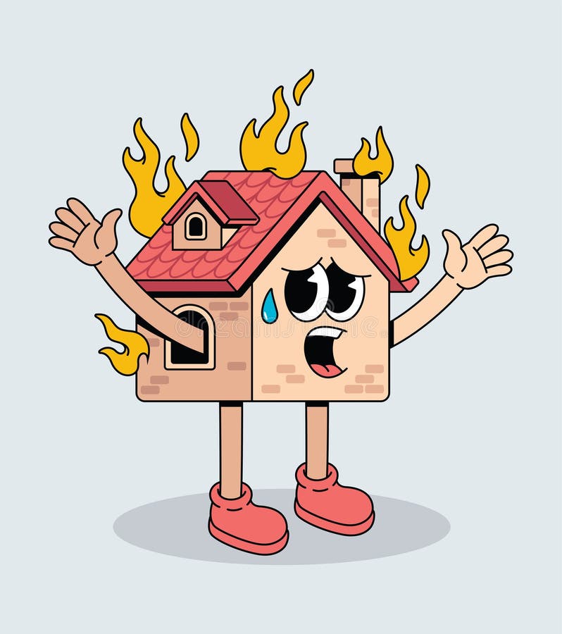 Distressed Groovy Cartoon House Character on Fire Stock Vector ...