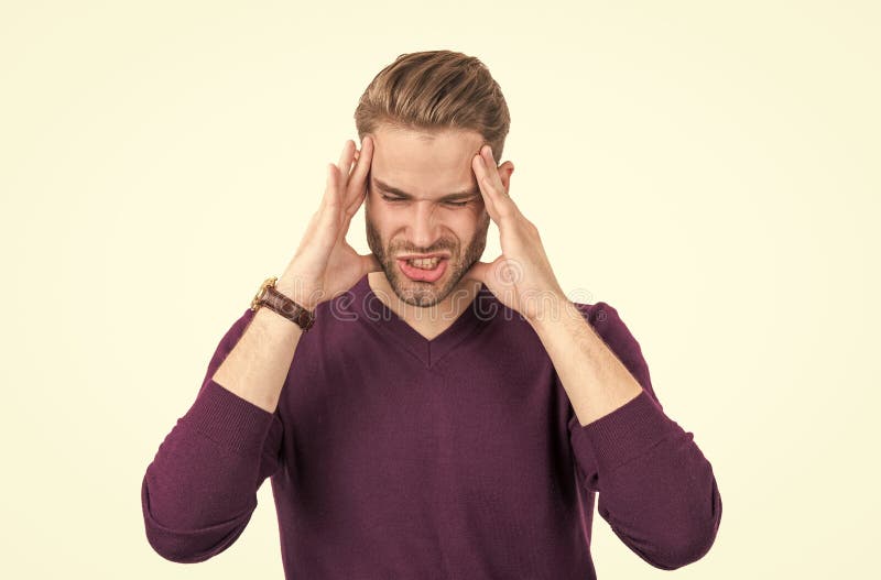 Distressed Guy with Closed Eyes Squeeze Head with Hands Suffering from ...