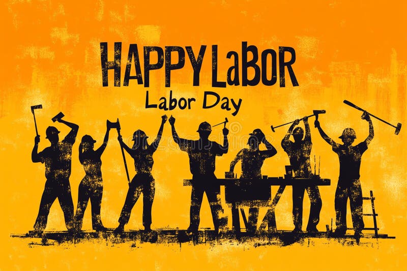 Silhouette Celebration Diverse Laborers with Tools on Textured Yellow ...