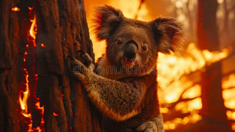 A Distressed Koala Clinging To a Burning Tree, Intense Forest Fire in ...