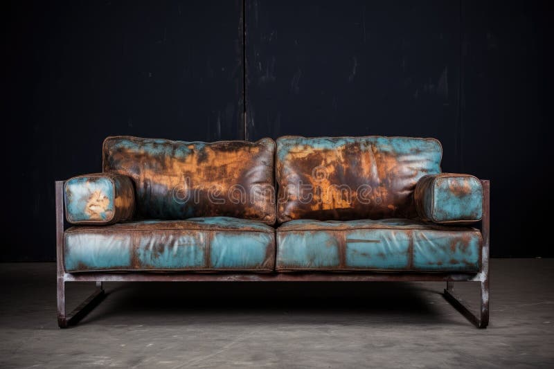 Distressed Leather Sofa with Exposed Metal Frame in a Studio Stock ...