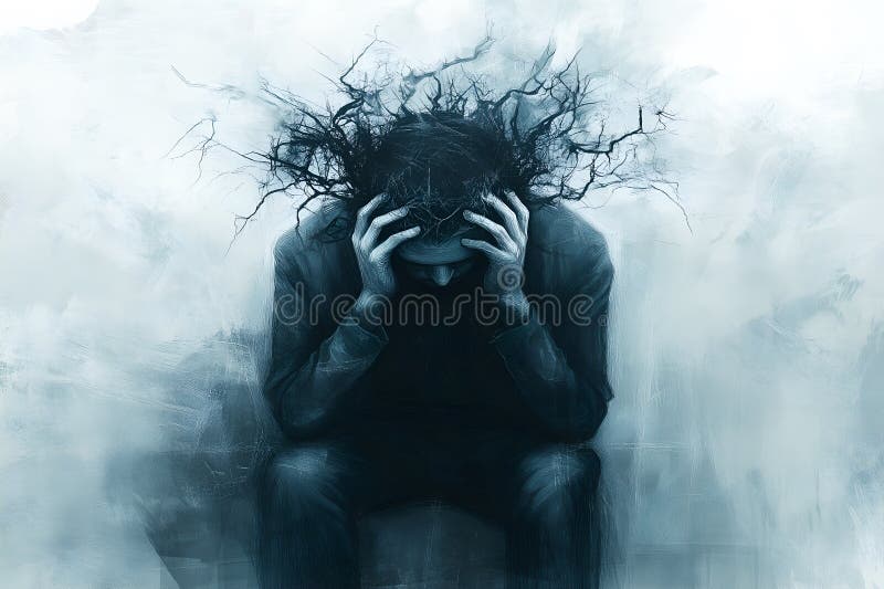 A Distressed Man Holding His Head As Dark Stock Illustration ...
