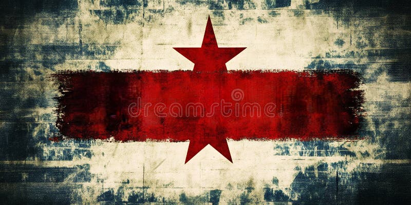 A Distressed Red Star with a Horizontal Bar on a Textured Blue and ...