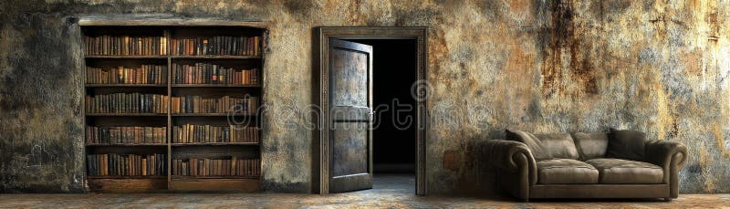 Distressed Room with Bookshelf, Open Door and Sofa, Interior Design ...