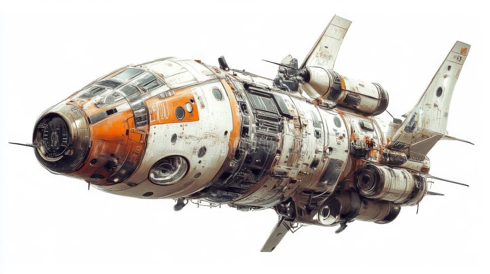 Distressed Spaceship in White and Orange Digital Art Stock Illustration ...