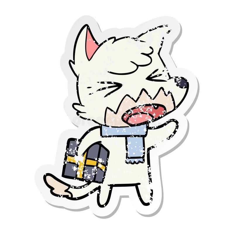 Distressed Sticker of a Angry Cartoon Fox with Gift Stock Vector ...
