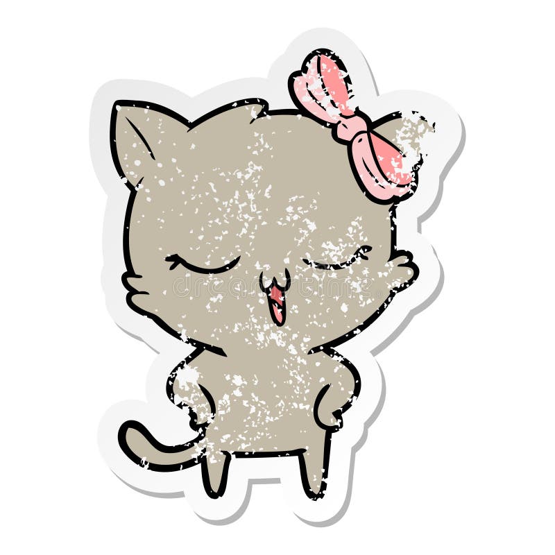 Distressed Sticker of a Cartoon Cat with Bow on Head and Hands on Hips ...