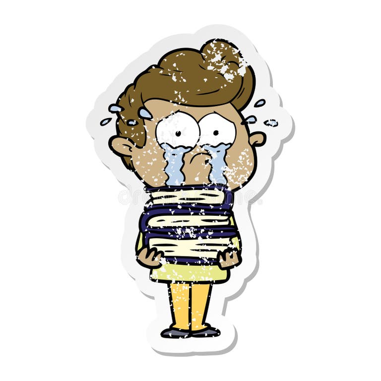 Distressed Sticker of a Cartoon Crying Student with Stack of Books ...
