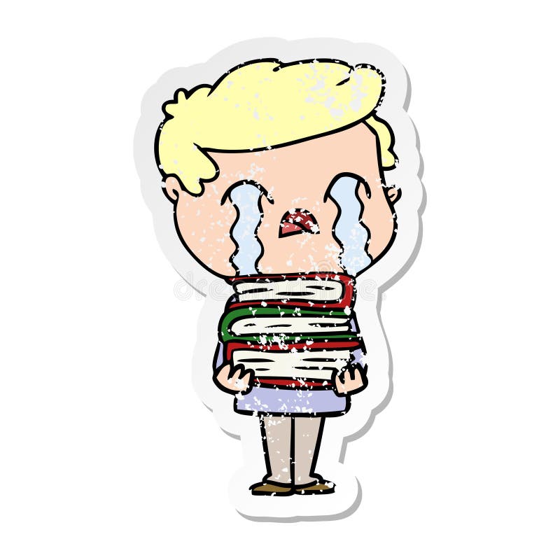 Distressed Sticker of a Cartoon Man Crying Over Stack of Books Stock ...