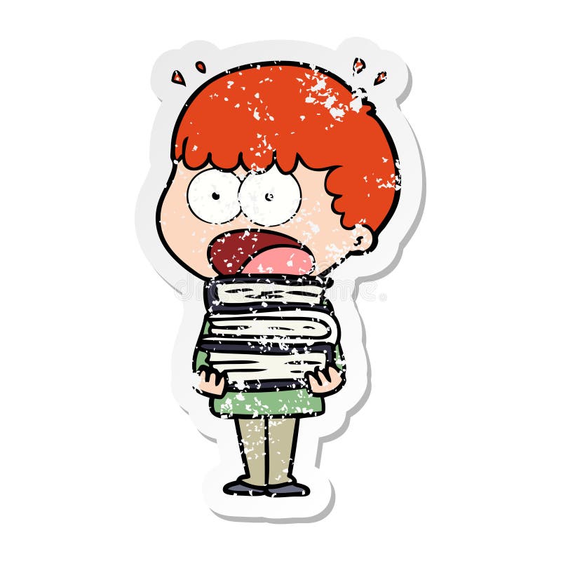 Distressed Sticker of a Cartoon Shocked Boy with Stack of Books Stock ...