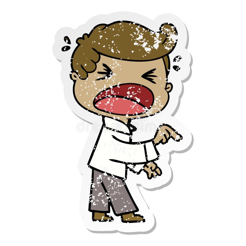 Distressed Sticker of a Cartoon Shouting Man Pointing Finger Stock ...