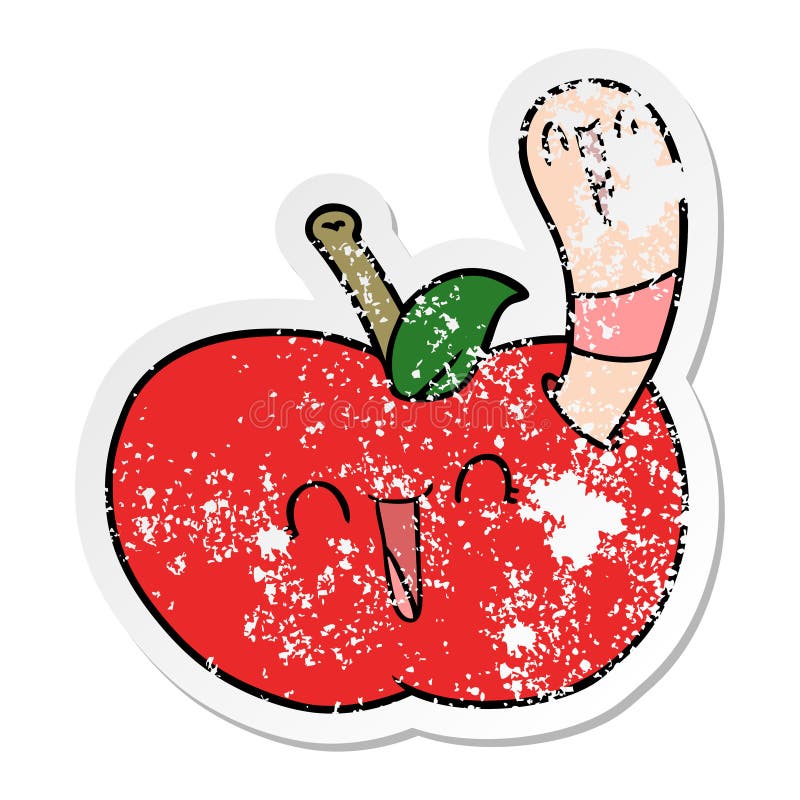 Distressed Sticker of a Cartoon Worm in Happy Apple Stock Vector ...