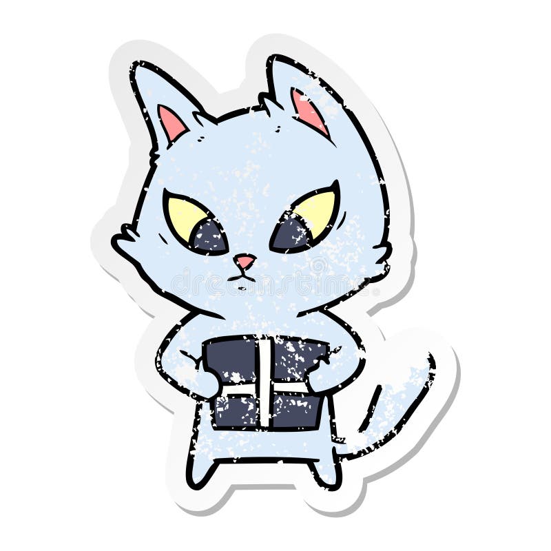 Distressed Sticker of a Confused Cartoon Cat with Gift Stock Vector ...