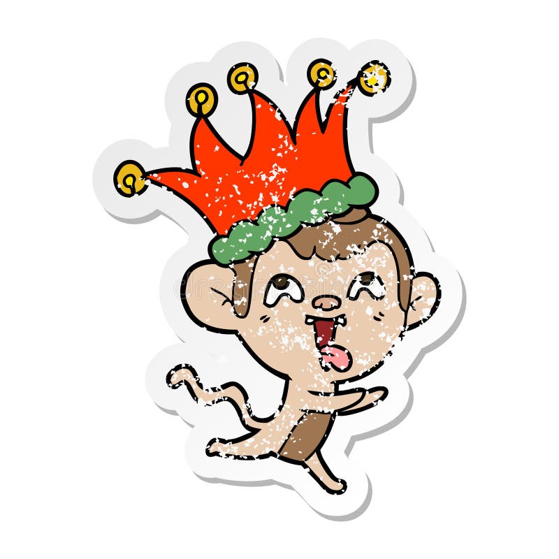 Distressed Sticker of a Crazy Cartoon Monkey Wearing Jester Hat Stock ...