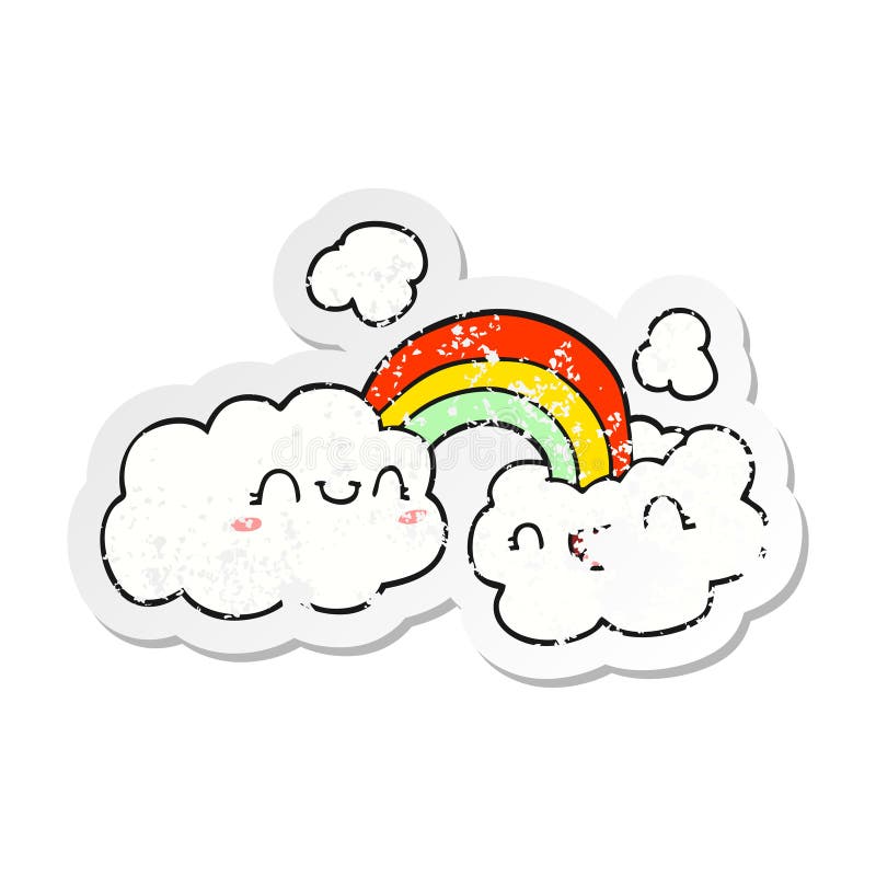 Distressed Sticker of a Happy Cartoon Clouds and Rainbow Stock Vector ...