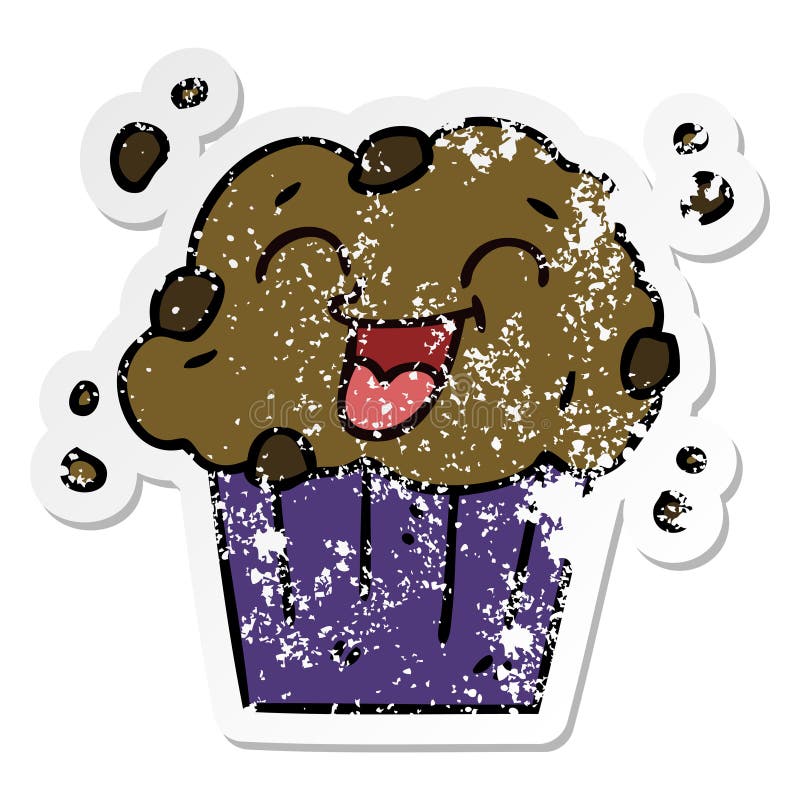 Distressed Sticker of a Quirky Hand Drawn Cartoon Happy Muffin Stock ...