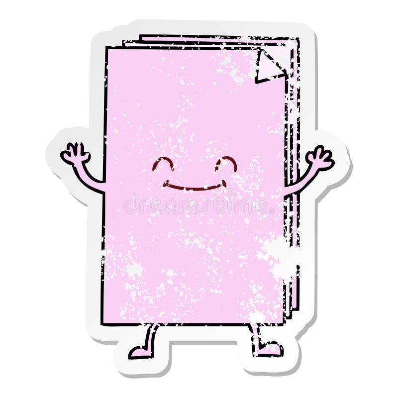 Distressed Sticker of a Quirky Hand Drawn Cartoon Happy Stack of Papers ...