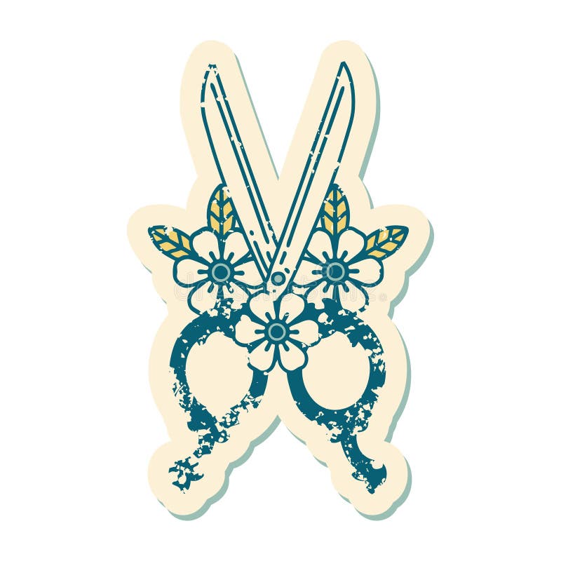 Distressed Sticker Tattoo Style Icon of a Barber Scissors and Flowers ...