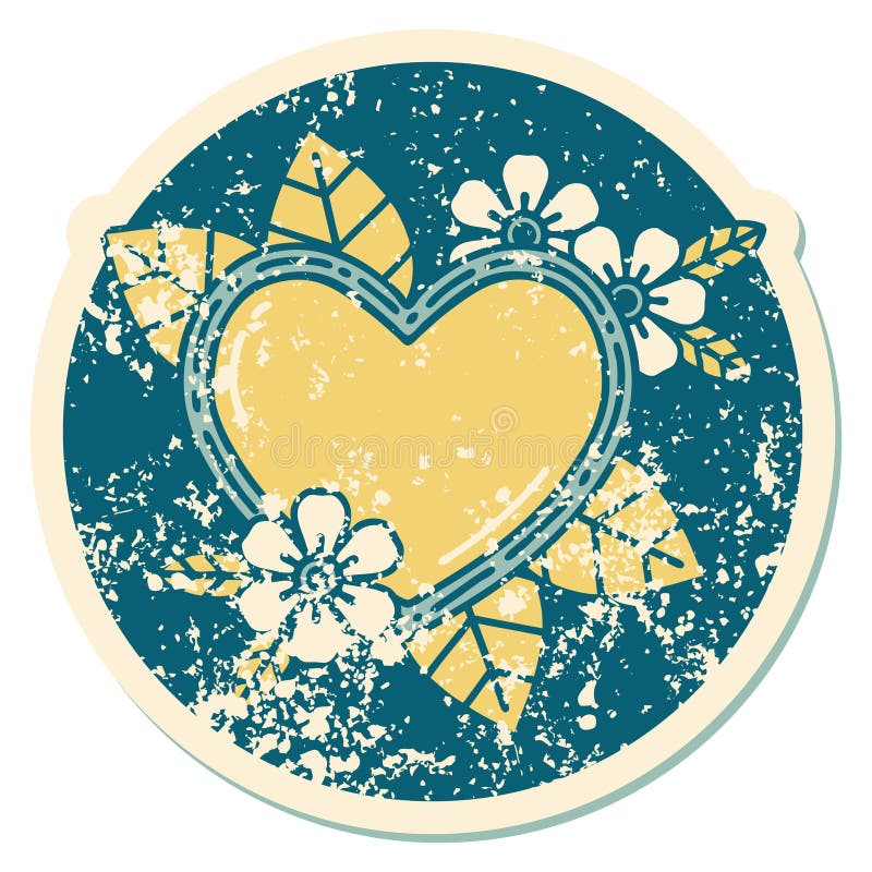 Distressed Sticker Tattoo Style Icon of a Botanical Heart Stock Vector ...