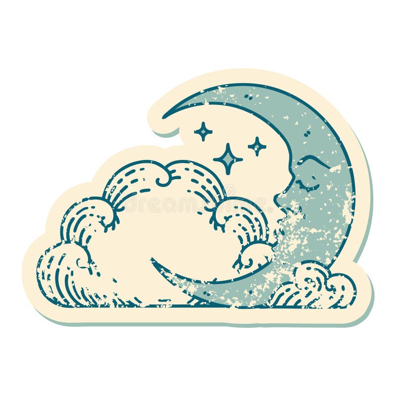 Distressed Sticker Tattoo Style Icon of a Crescent Moon and Clouds ...