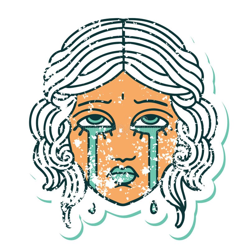 Distressed Sticker Tattoo Style Icon of Female Face Crying Stock Vector ...