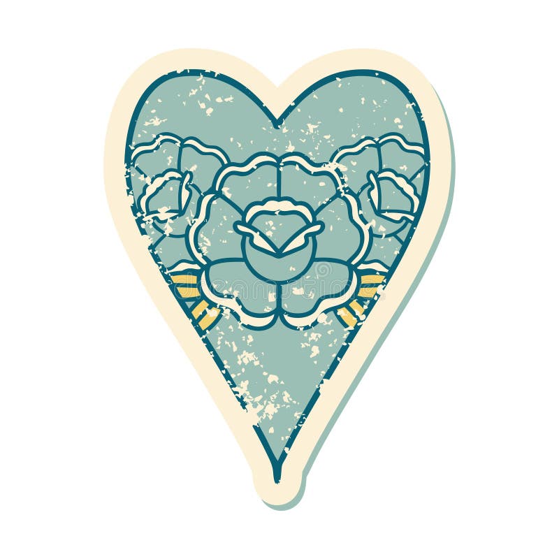 Distressed Sticker Tattoo Style Icon of a Heart and Flowers Stock ...