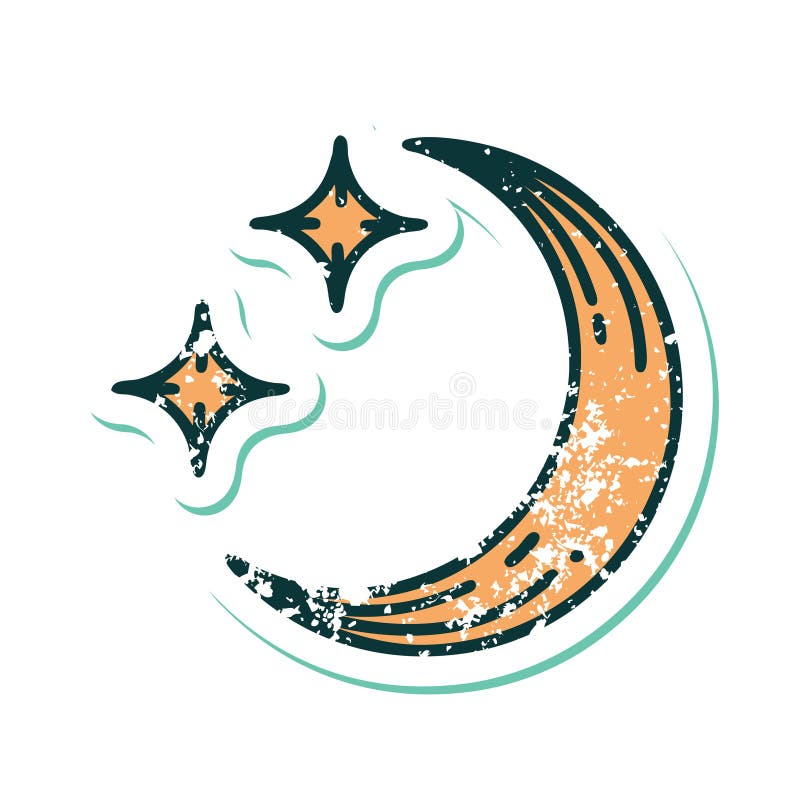 Distressed Sticker Tattoo Style Icon of a Moon and Stars Stock Vector ...
