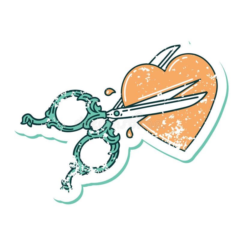 Distressed Sticker Tattoo Style Icon of Scissors Cutting a Heart Stock ...