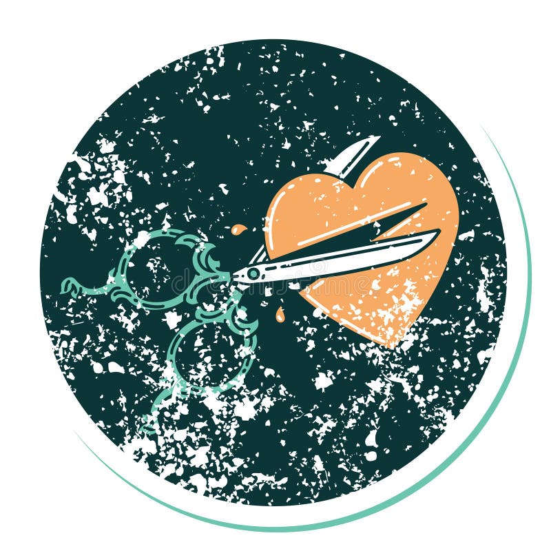 Distressed Sticker Tattoo Style Icon of Scissors Cutting a Heart Stock ...