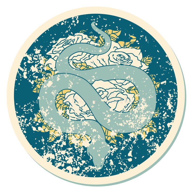 Distressed Sticker Tattoo Style Icon of a Snake and Roses Stock Vector ...