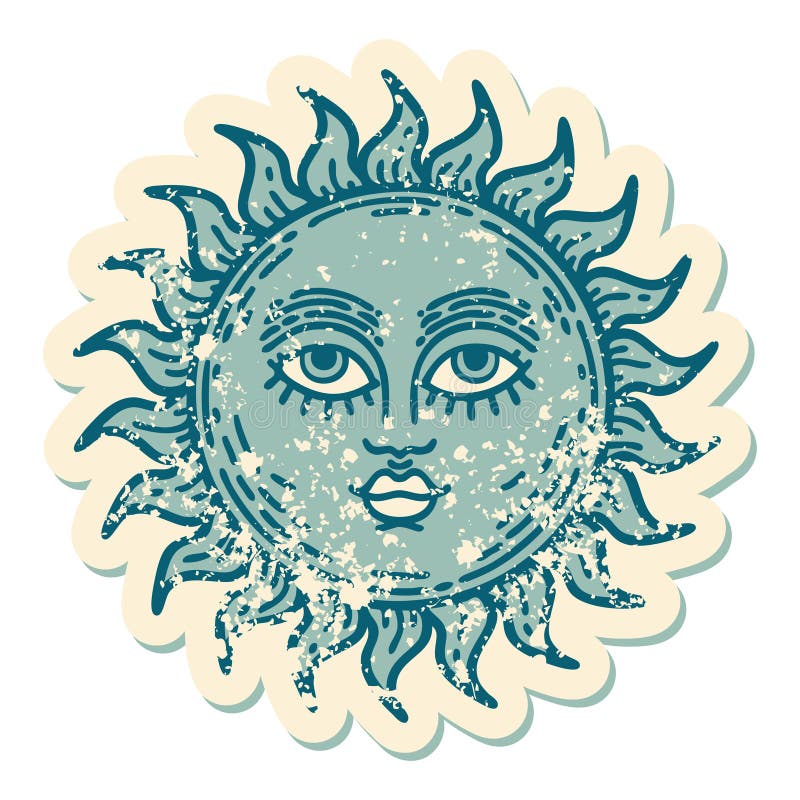 Distressed Sticker Tattoo Style Icon of a Sun with Face Stock Image ...