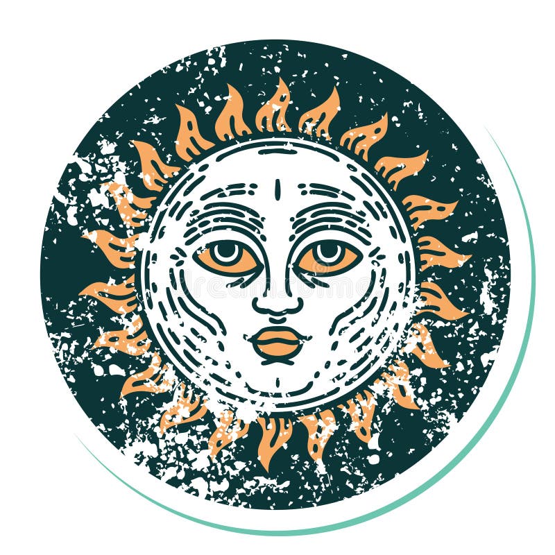 Distressed Sticker Tattoo Style Icon of a Sun with Face Stock Vector ...