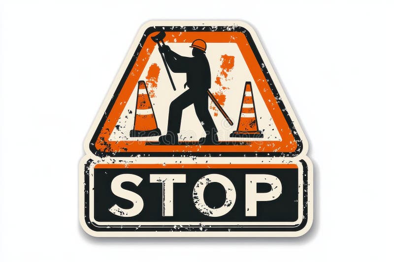 Distressed Stop Sign with Construction Worker and Traffic Cones ...