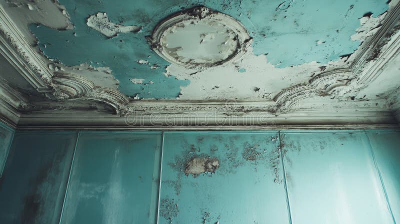 Distressed Teal Ceiling with Peeling Paint and Ornate Molding Stock ...