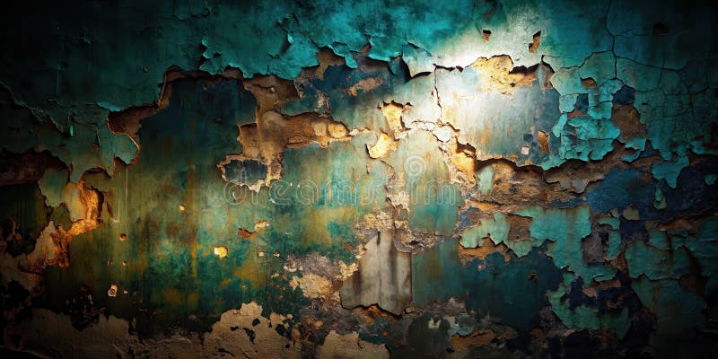 Distressed Teal and Gold Wall Texture a Weathered Surface with Flaking ...