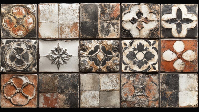Distressed Tile Mosaic Featuring Floral and Geometric Designs Stock ...