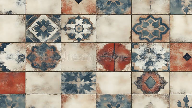 Distressed Tile Pattern with Floral and Geometric Designs Stock Photo ...