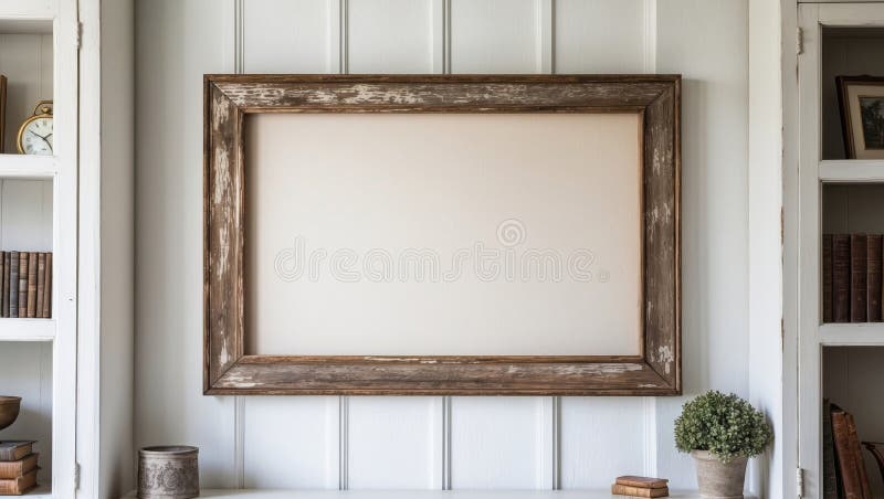 Distressed Wood Frame on White Wall in Vintage Study Stock Illustration ...