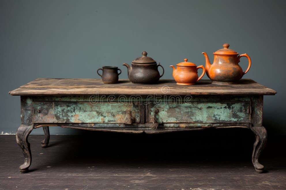 Distressed Wooden Coffee Table with a Tea Set on it Stock Image - Image ...