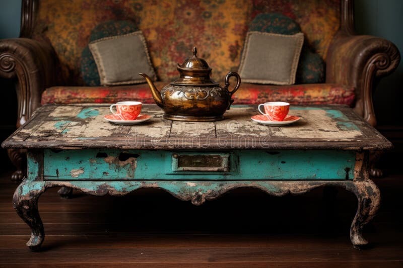 Distressed Wooden Coffee Table with a Tea Set on it Stock Photo - Image ...